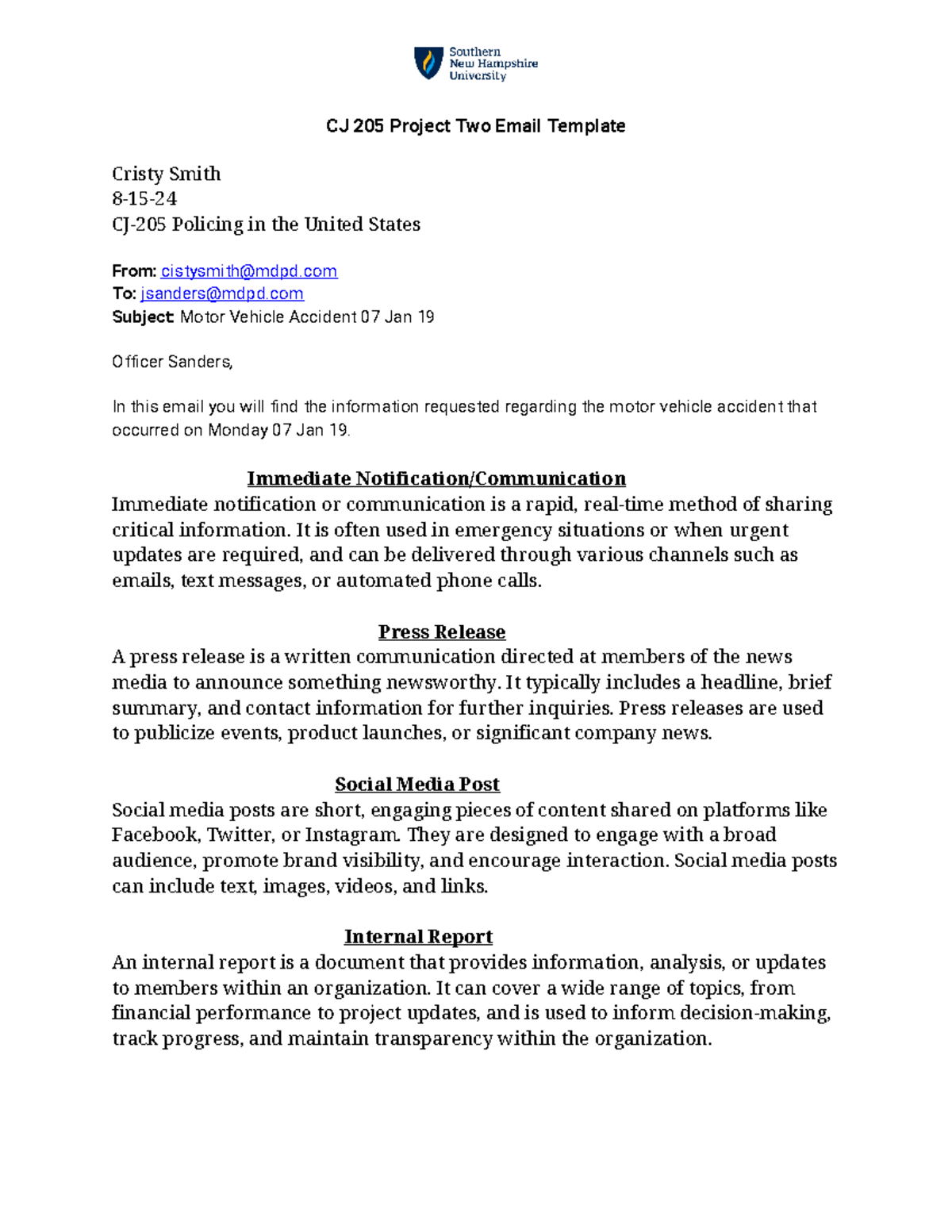 CJ 205 Email Template for Motor Vehicle Accident Notification - Studocu