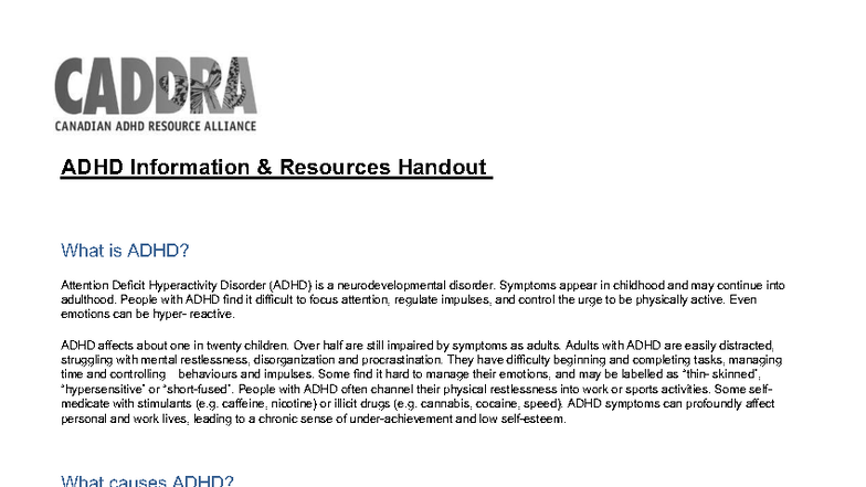 CADDRA ADHD Info Handout: Understanding ADHD Symptoms & Causes - Studocu