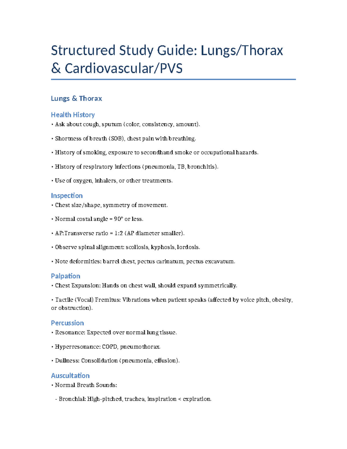 Structured Study Guide: Lungs & Cardiovascular Exam Notes - Studocu