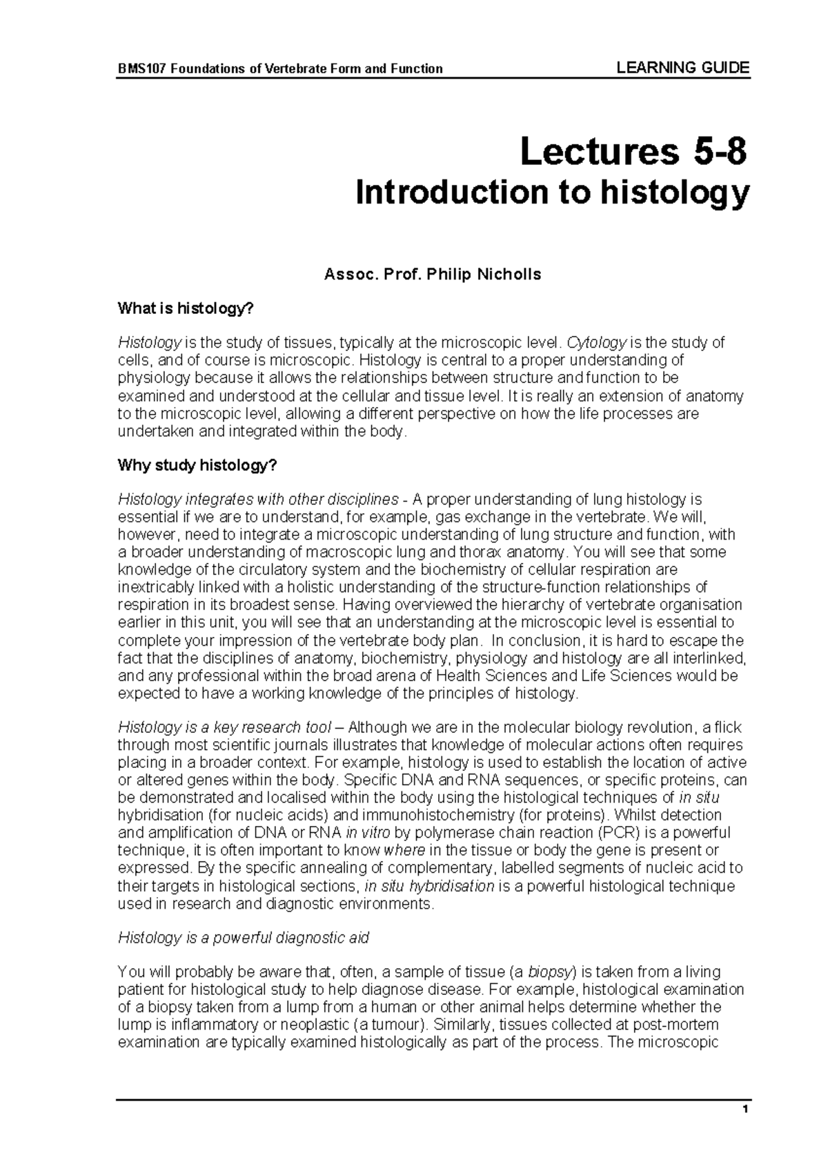 BMS107 Histology Learning Guide: Insights from Lectures 5-8 - Studocu