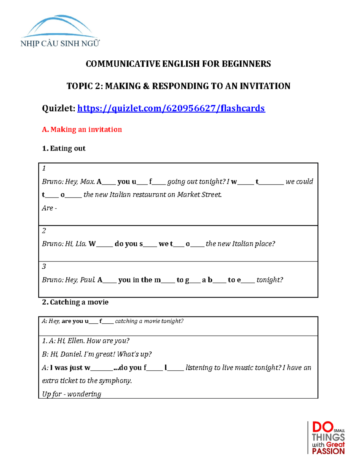 Handout - Lesson 2: Making & Responding to Invitations in Comm Eng 101 ...