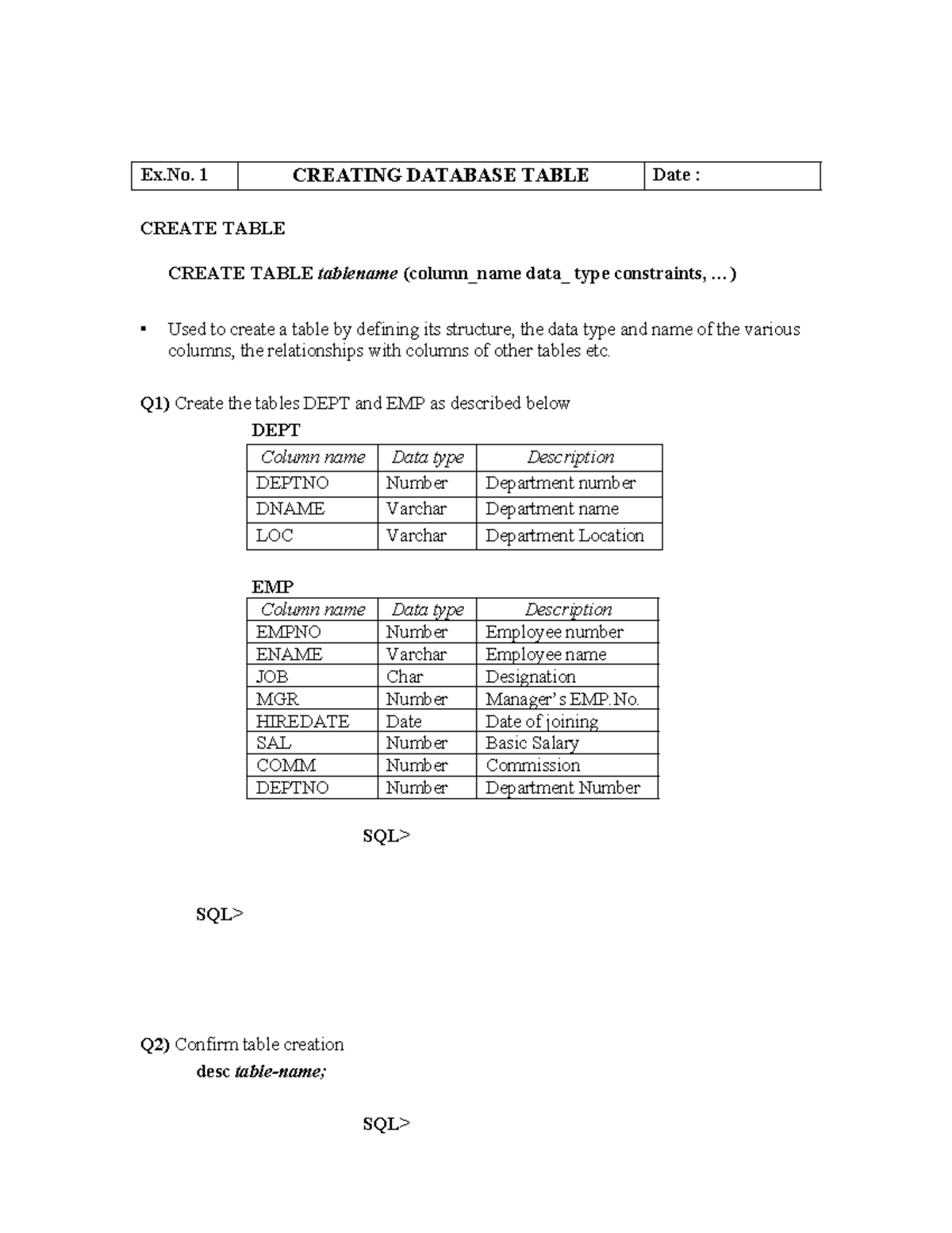 DBMS Lab Ex.No. 1: Creating and Modifying Database Tables - Studocu