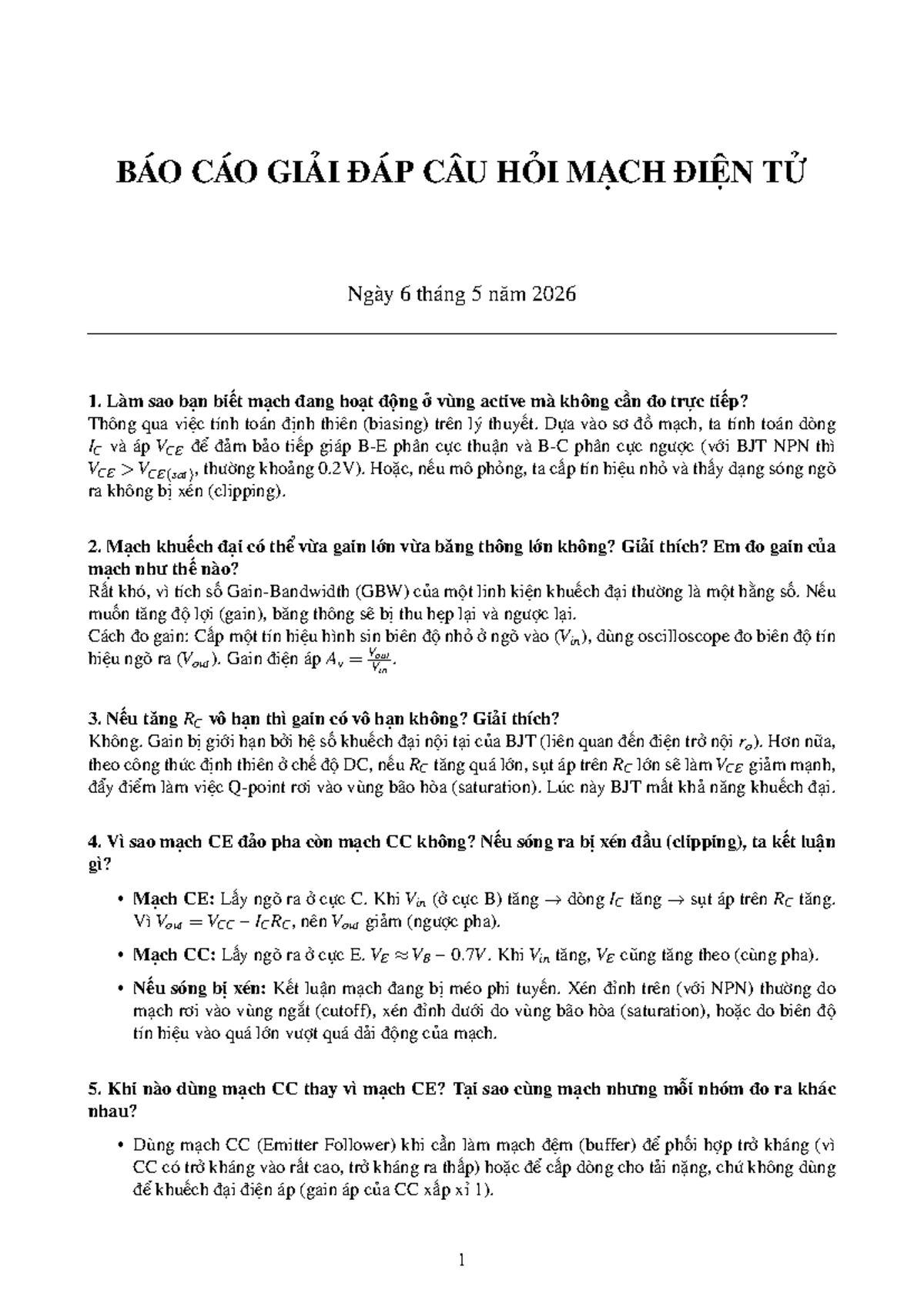 BÁO CÁO GIẢI ĐÁP CÂU HỎI MẠCH ĐIỆN TỬ - BT-1 - Studocu