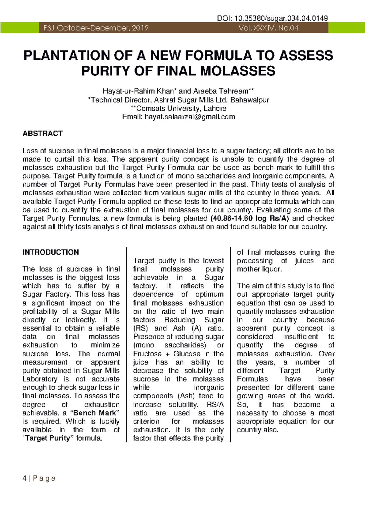 Plantation of a new formula to assess purity of final Molasses - PSJ ...