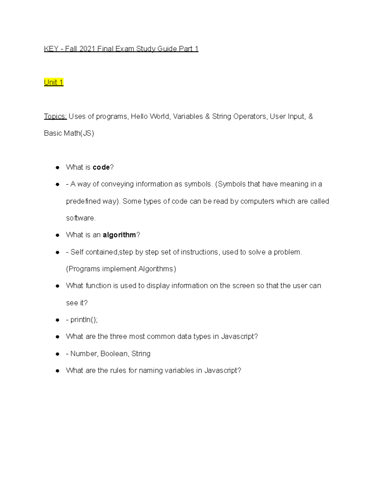 KEY Fall 2021 Final Exam Study Guide Part 1: JavaScript Concepts - Studocu