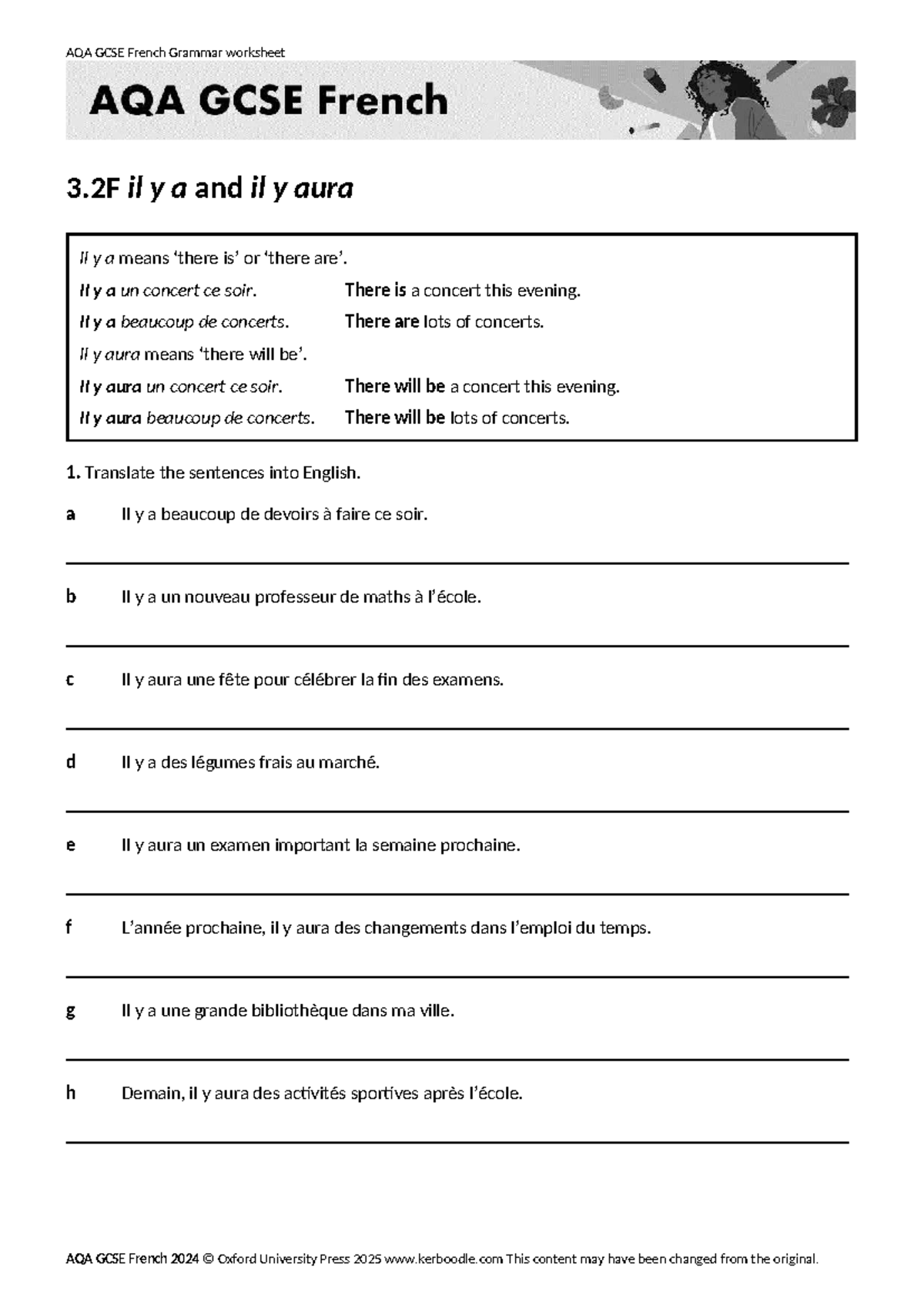 AQA GCSE French Grammar Worksheet: Il y a & Il y aura - Studocu