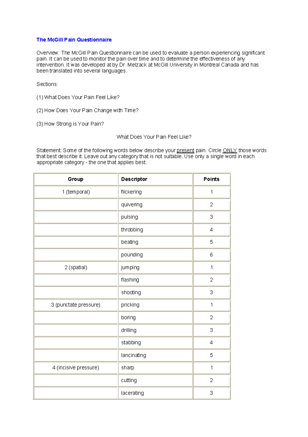McGill Pain Questionnaire Overview: Evaluation & Assessment (1) - Studocu