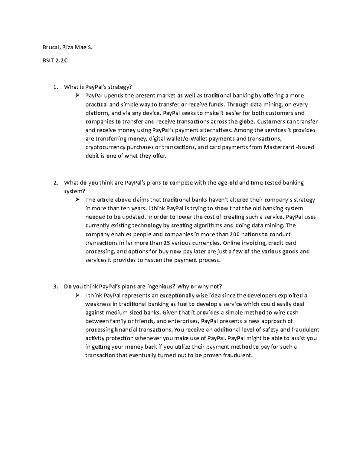 BSIT 2.2C - PayPal's Innovative Strategy to Transform Banking - Studocu