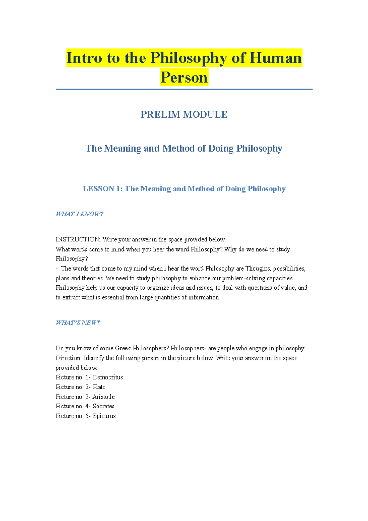 Intro PHIL. Prelim - Intro to the Philosophy of Human Person PRELIM ...