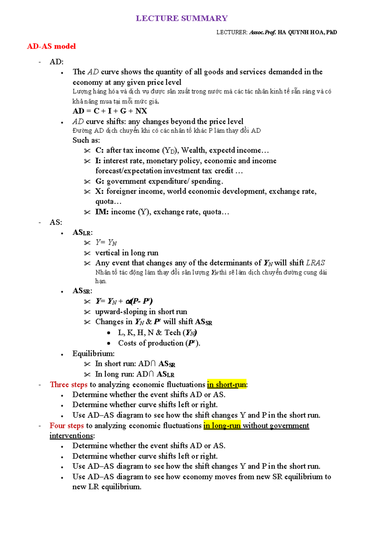 LECTURE SUMMARY: AD-AS Model Analysis (10.10) by Assoc. Prof. HA QUYNH HOA - Studocu
