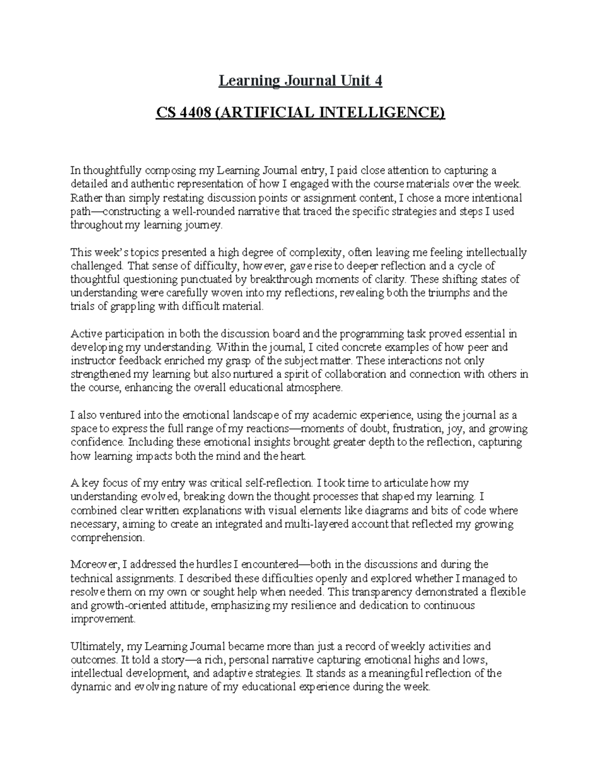 Learning Journal Reflection: Week 4 Insights (CS 4408) - Studocu