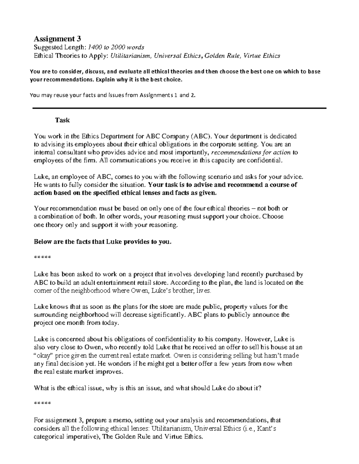 Assignment 3 Ethics Analysis Memo SP23: Evaluating Ethical Theories ...