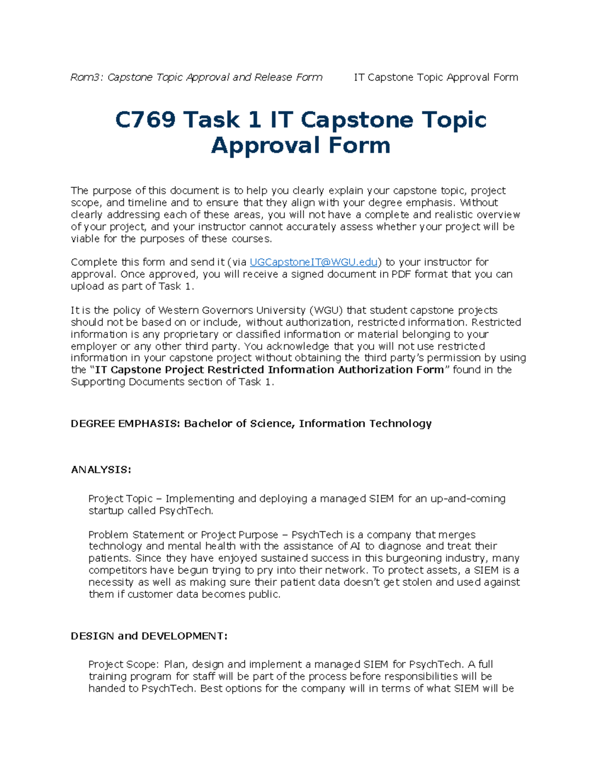 C769: IT Capstone Topic Approval Form for PsychTech SIEM Project - Studocu