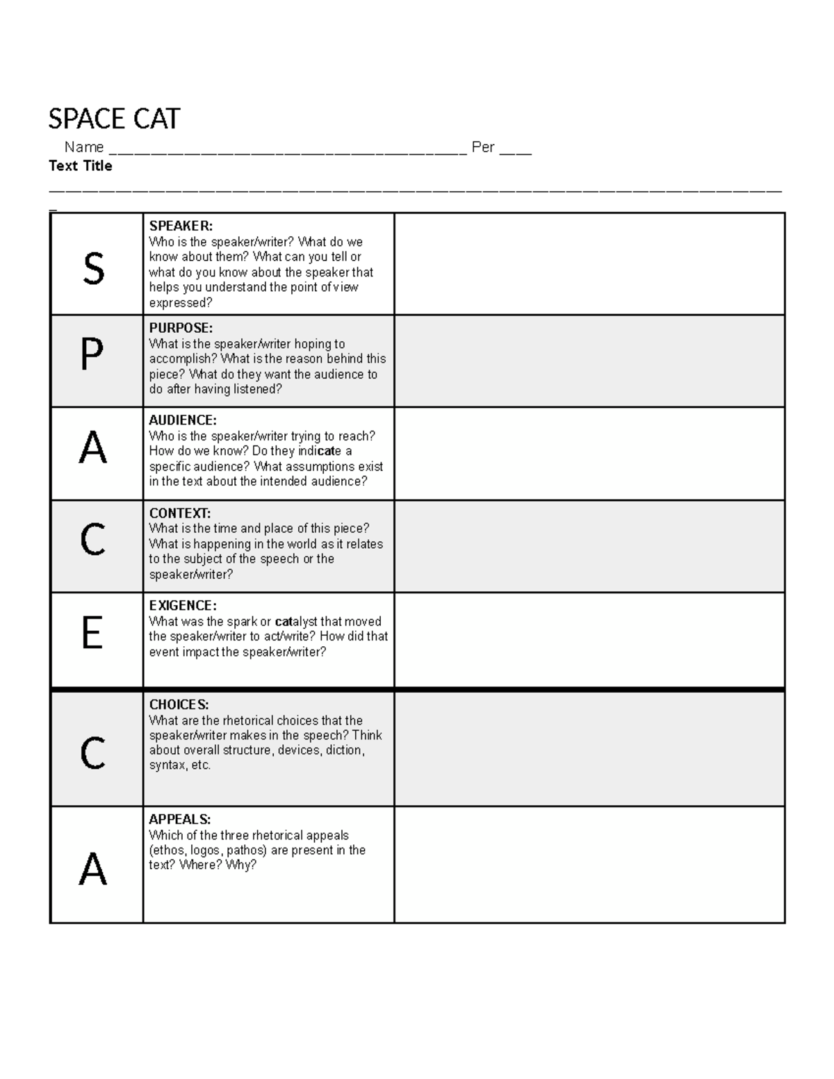 SPACE CAT Analysis Chart for Rhetorical Evaluation - Studocu