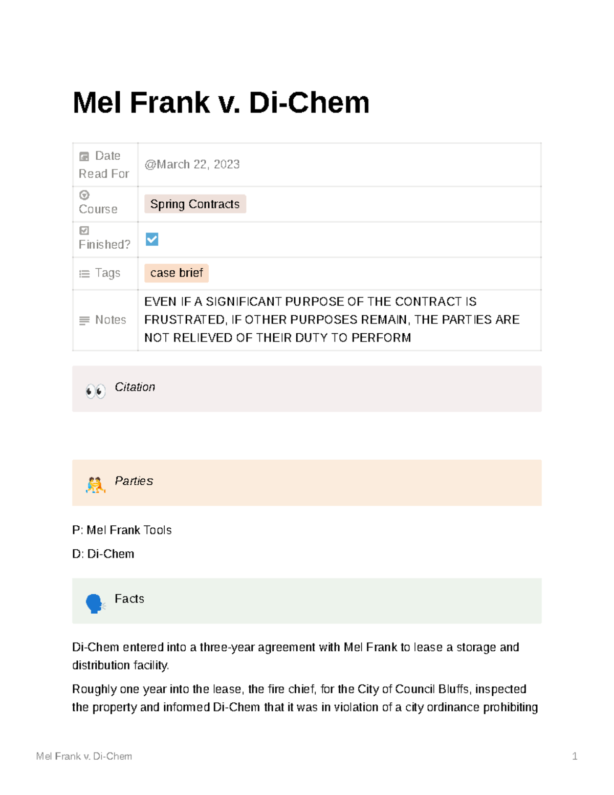 Mel Frank - Case Brief - Mel Frank v. Di-Chem Date Read For Course ...