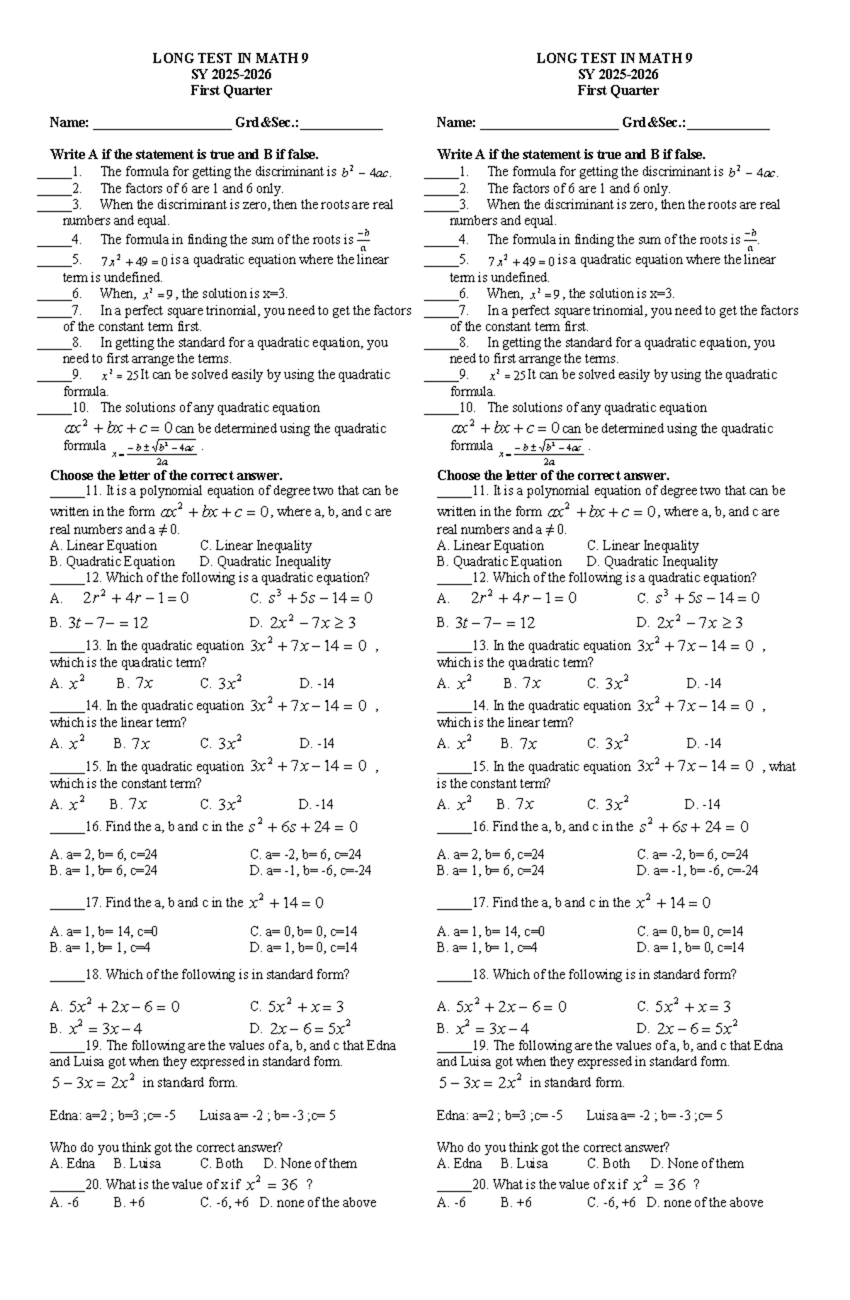 LONG TEST IN MATH 9 SY First Quarter - Quadratic Equations and ...