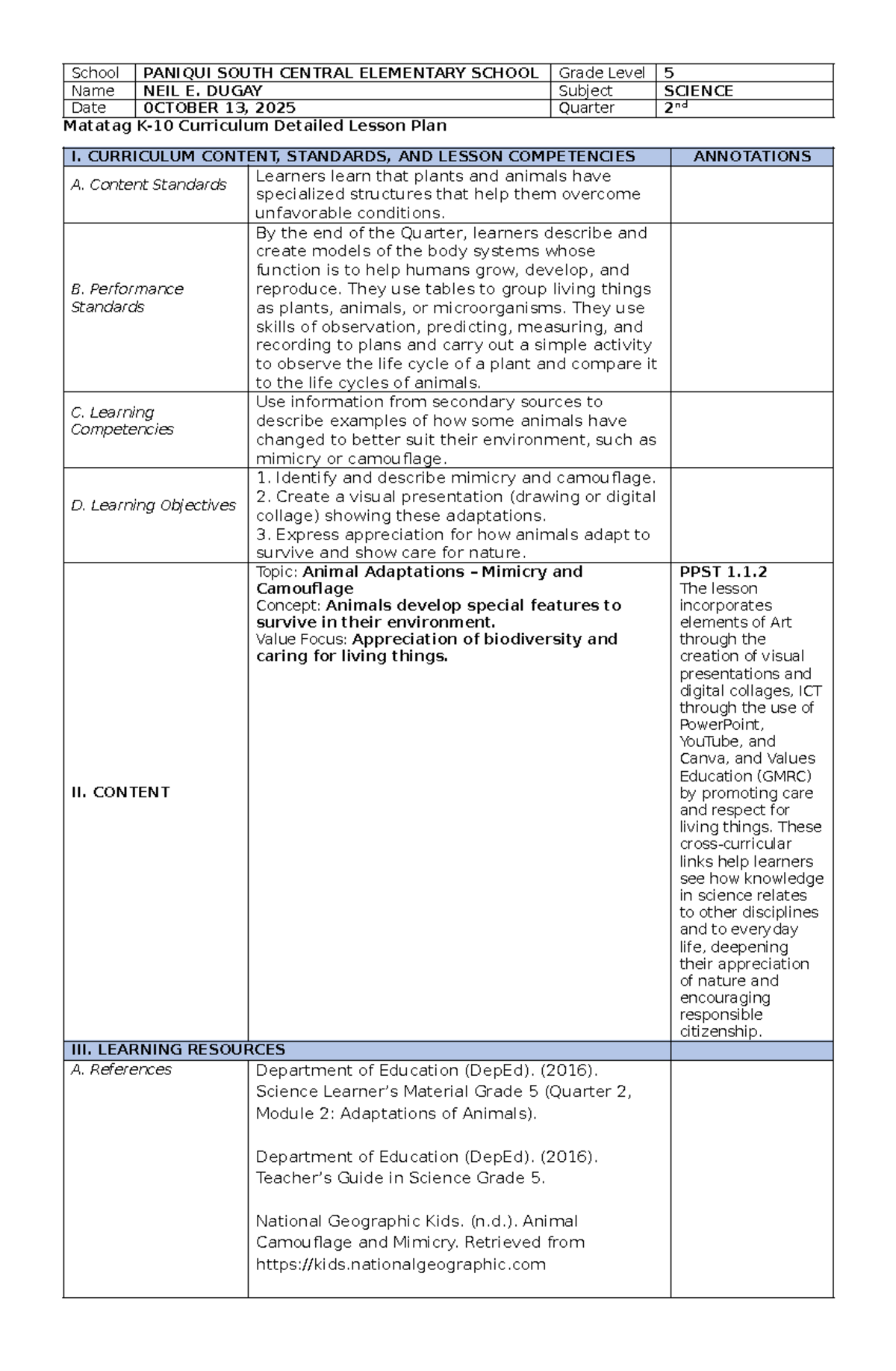 DLP Science 5: Animal Adaptations - Mimicry & Camouflage Lesson Plan ...