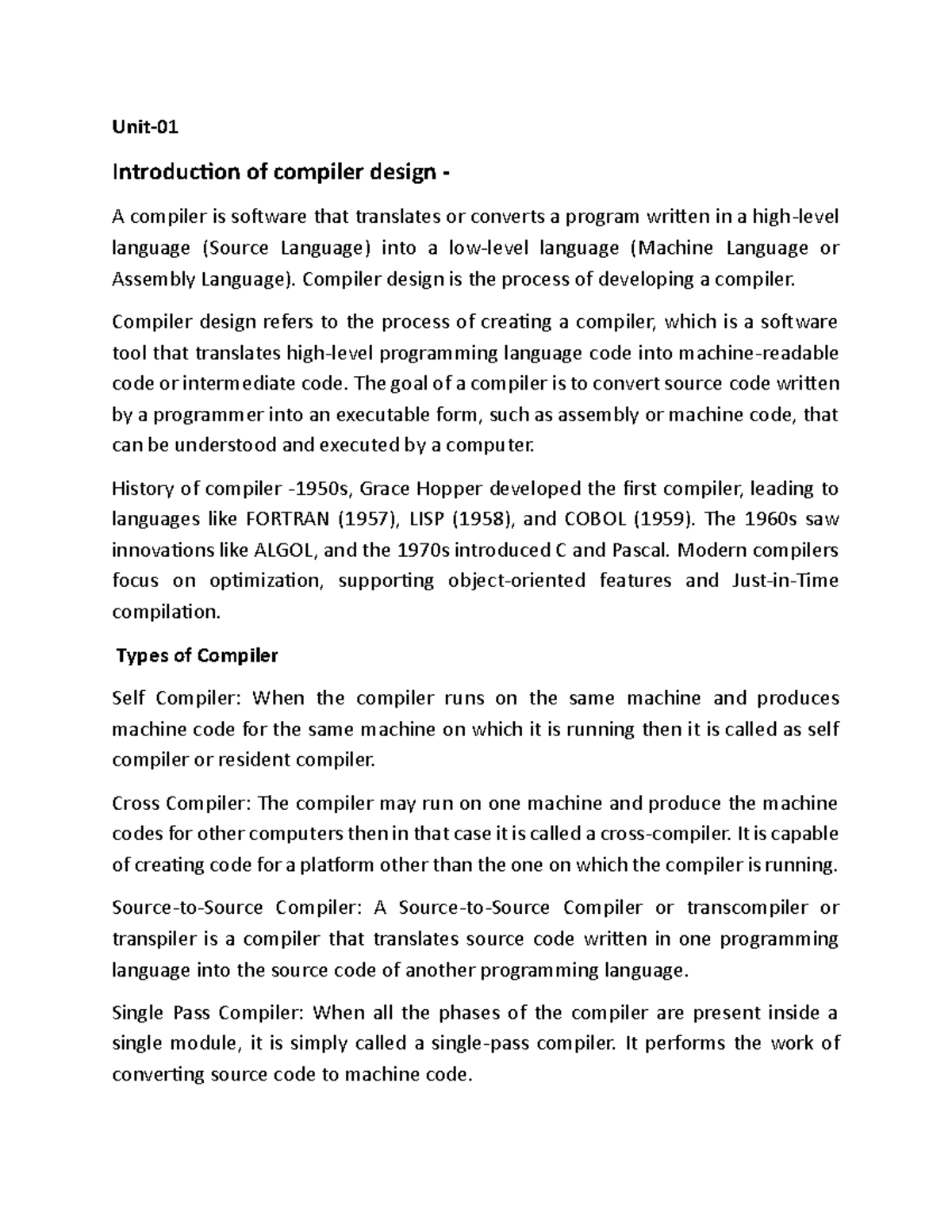 Compiler design unit-1 notes: Introduction, types, and phases - Studocu