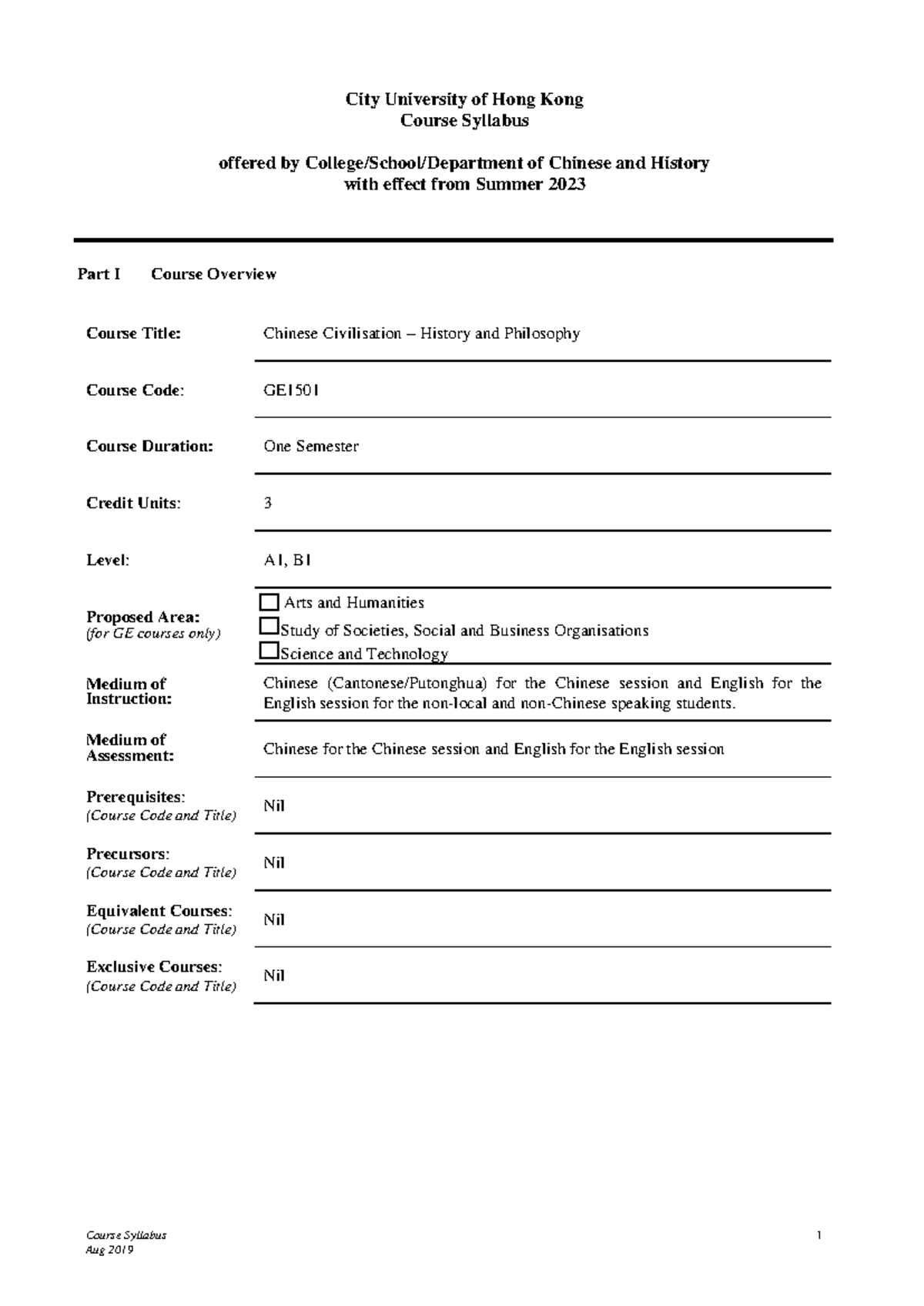 GE1501 - Chinese Civilisation Syllabus (History & Philosophy) - Studocu