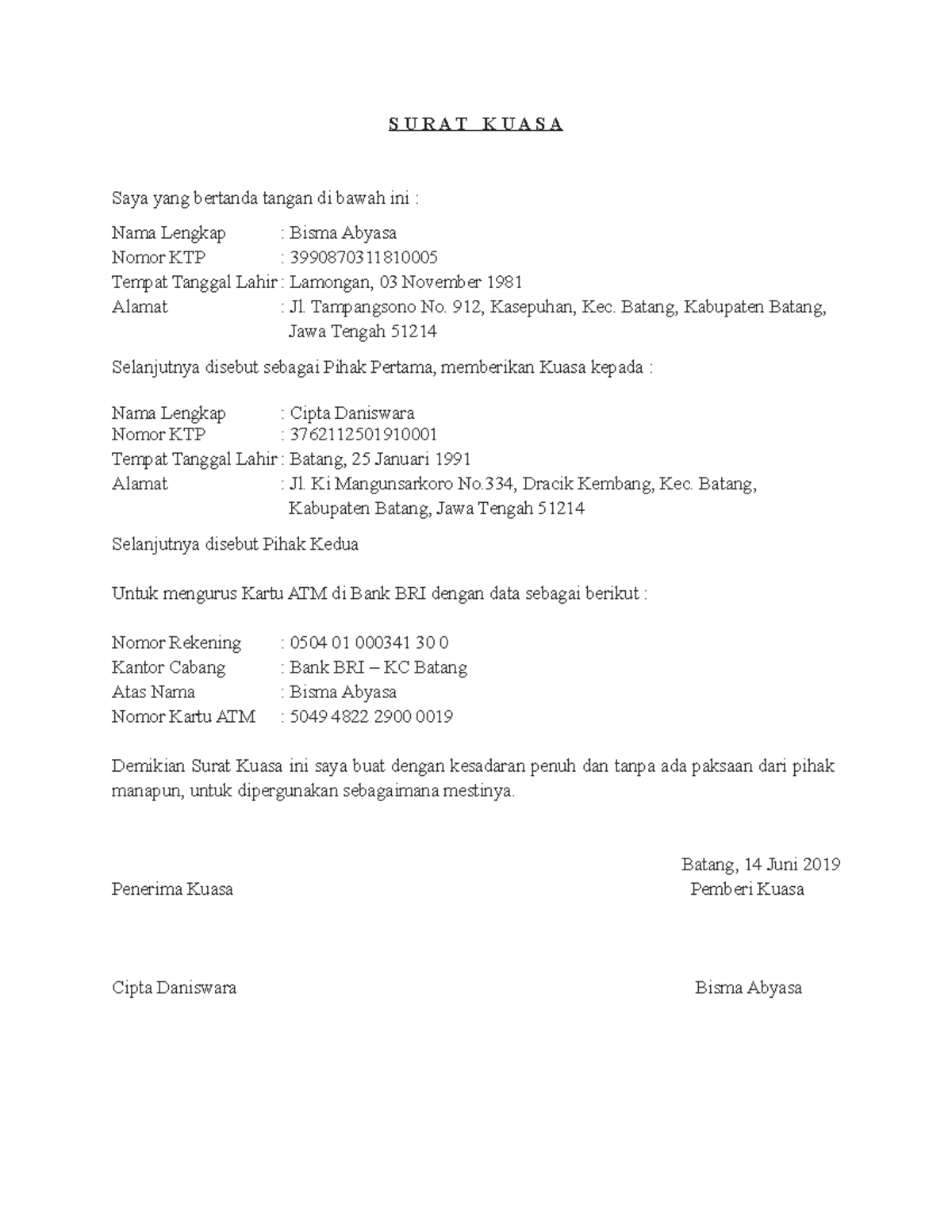 Surat Kuasa Bank BRI untuk Pengurusan Kartu ATM dan Rekening - Studocu