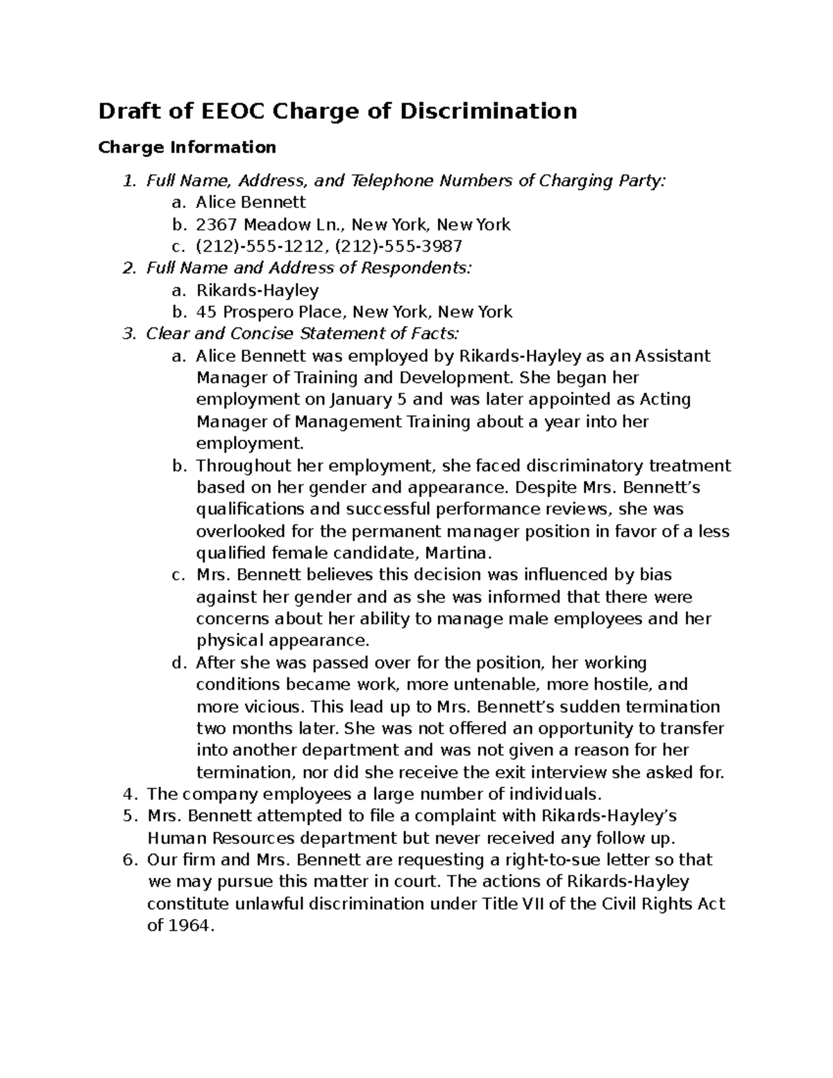 L215 Chapter 3: EEOC Charge Draft on Discrimination Claim - Studocu