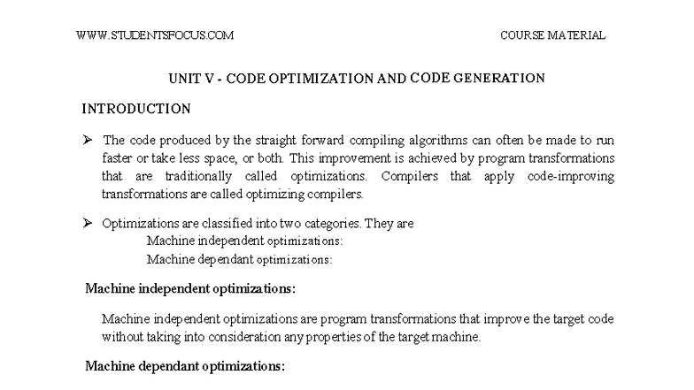 Unit V: Code Optimization and Generation - Paper 436E1D - Studocu