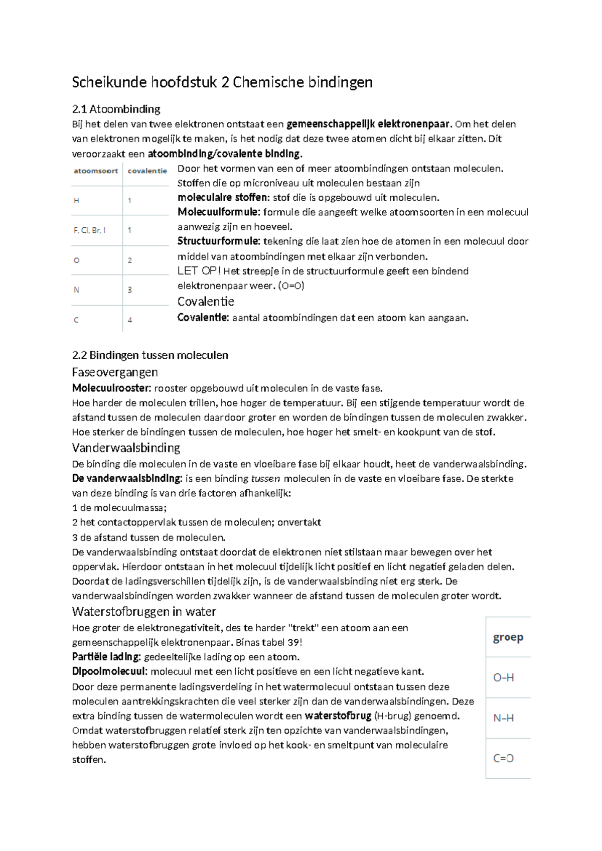 Scheikunde Hoofdstuk 2: Chemische Bindingen en Eigenschappen - Studeersnel
