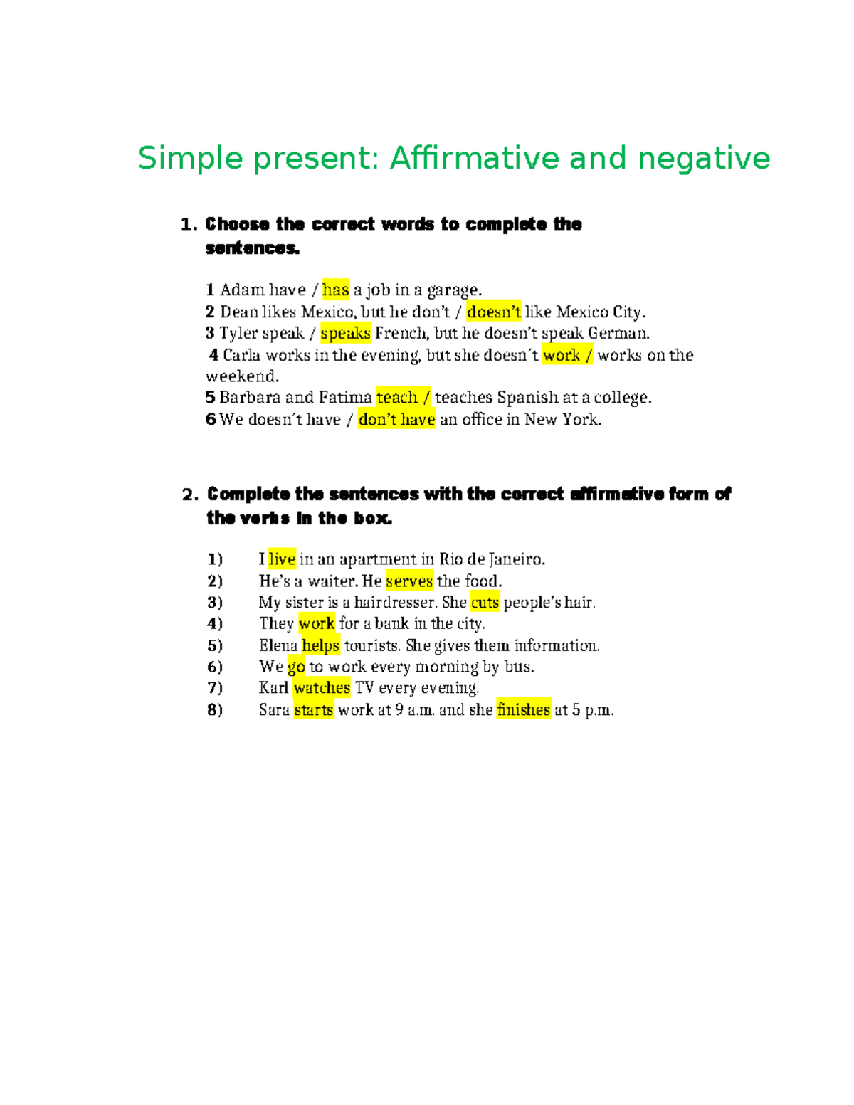 Simple Present: Affirmative & Negative Exercises (Deber) - Studocu