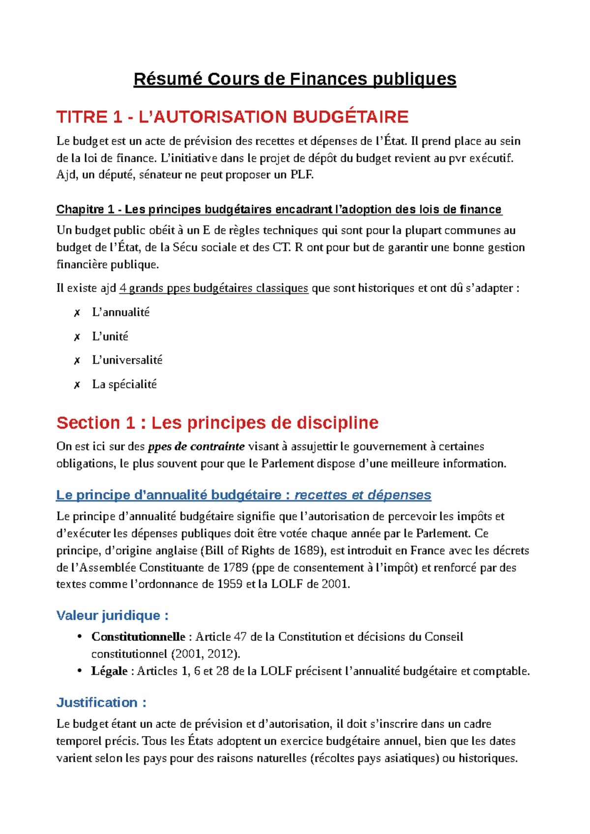 Résumé Cours de Finances Publiques - TITRE 1 : Budget et Principes ...
