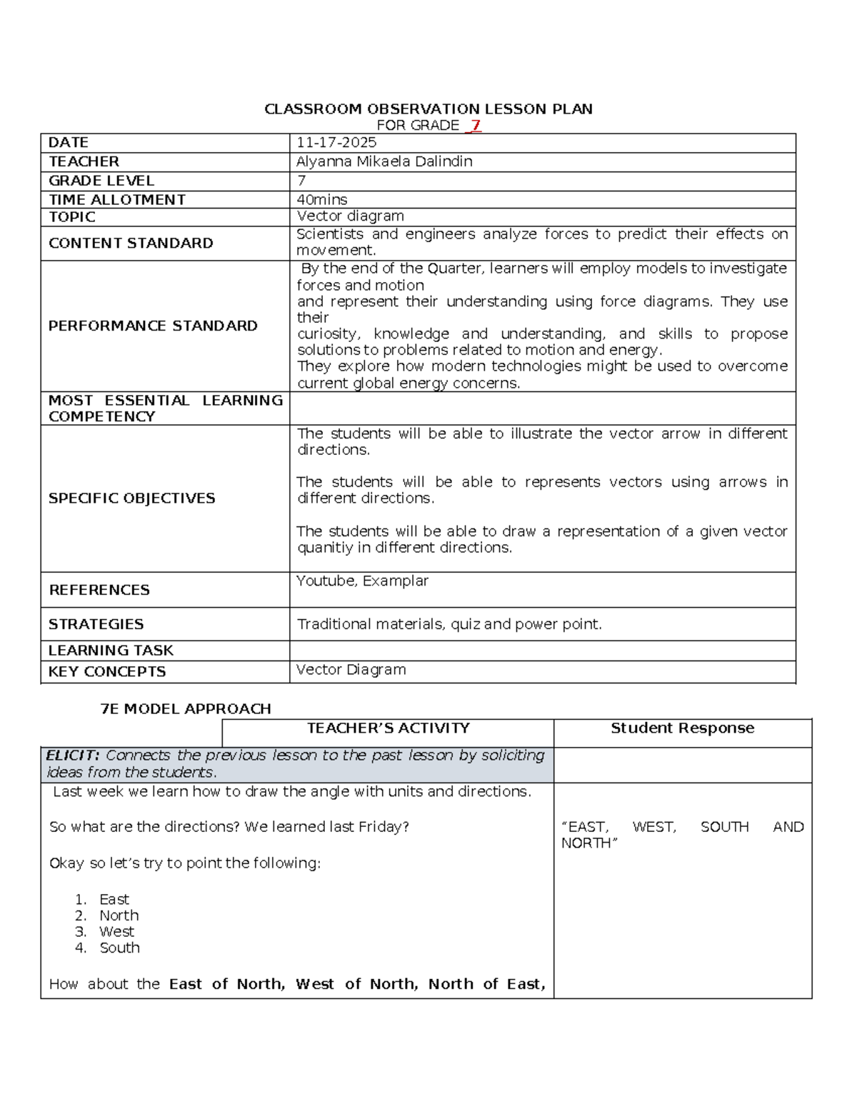 CLASSROOM OBSERVATION LESSON PLAN: VECTOR DIAGRAMS (GRADE 7) - Studocu
