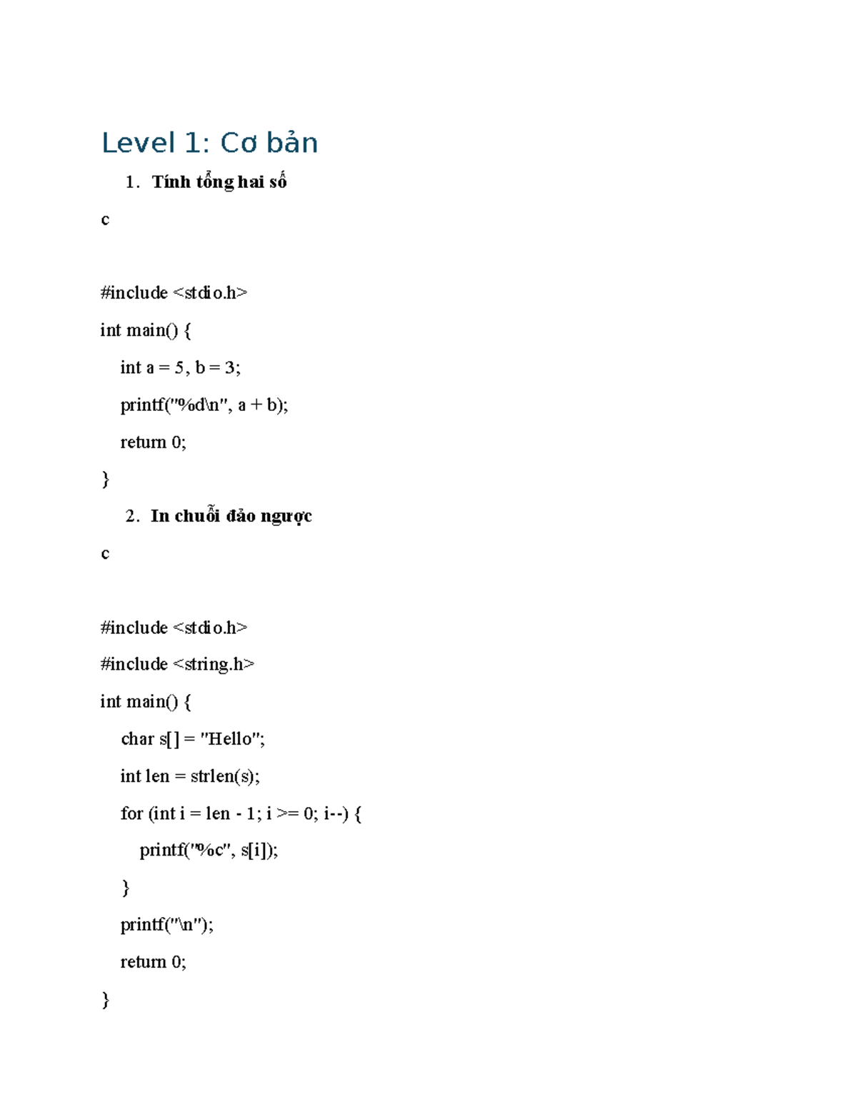 Level 1: C Programming Basics - Code Examples and Exercises - Studocu
