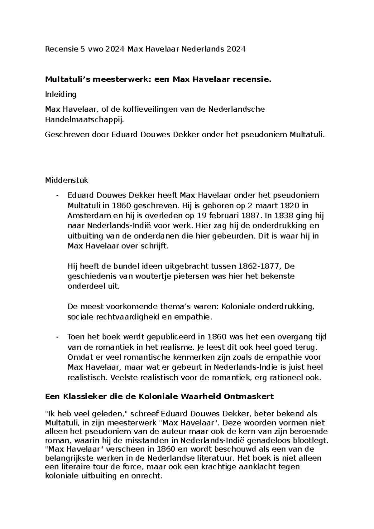 Recensie Max Havelaar 5 vwo 2024: Een Meesterwerk van Multatuli ...