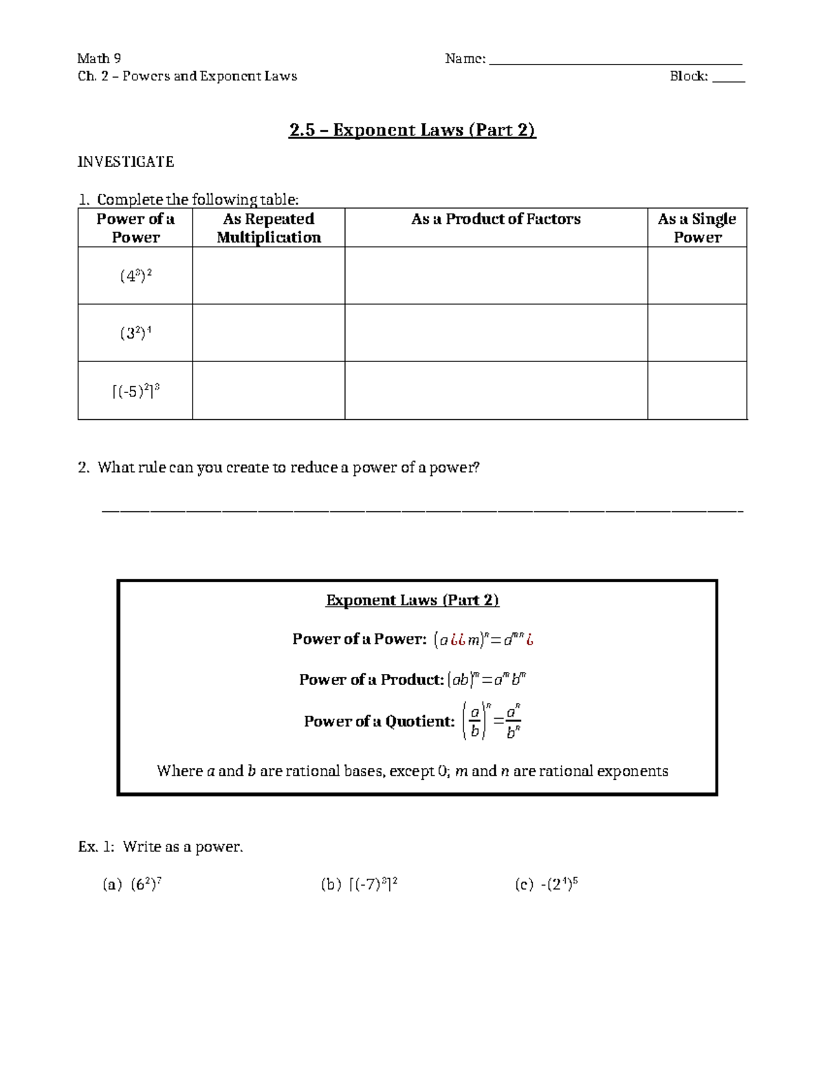 Math 9 Ch. 2 Powers & Exponent Laws - Notes on Exponent Rules - Studocu