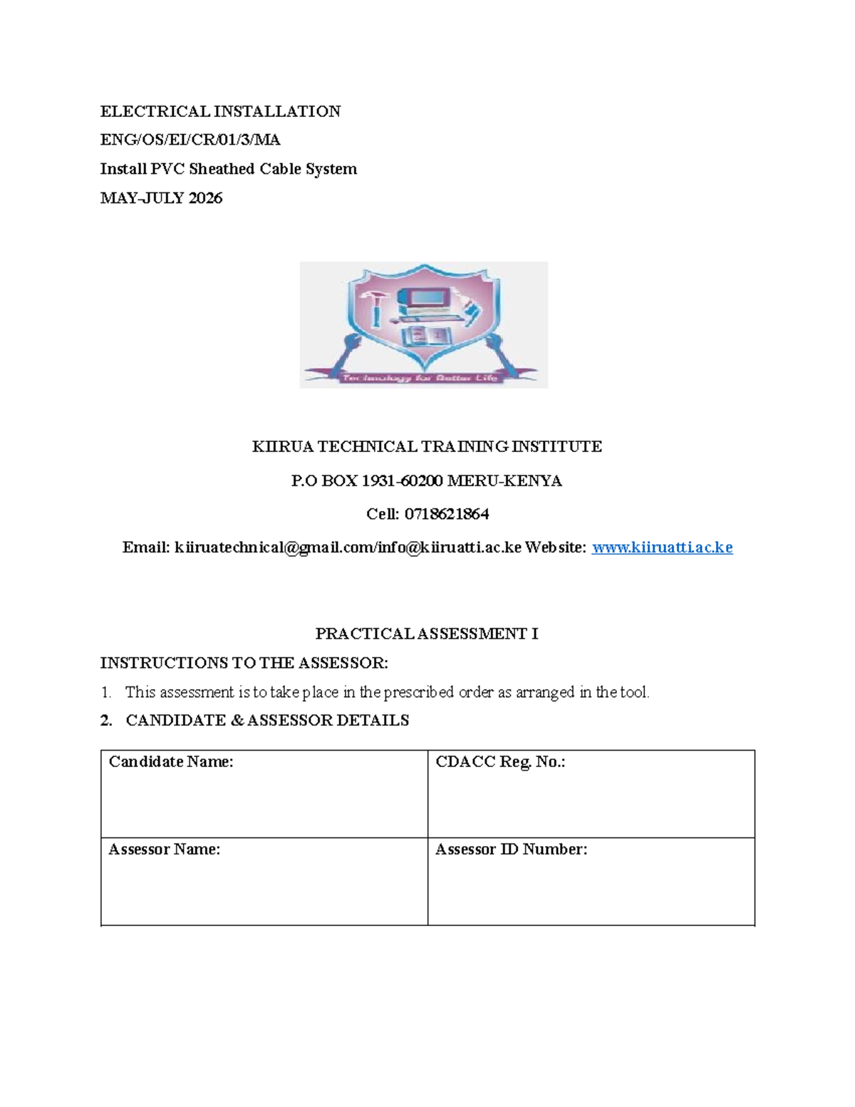 ELECTRICAL INSTALLATION: PVC Sheathed Cable System Assessment 2026 ...