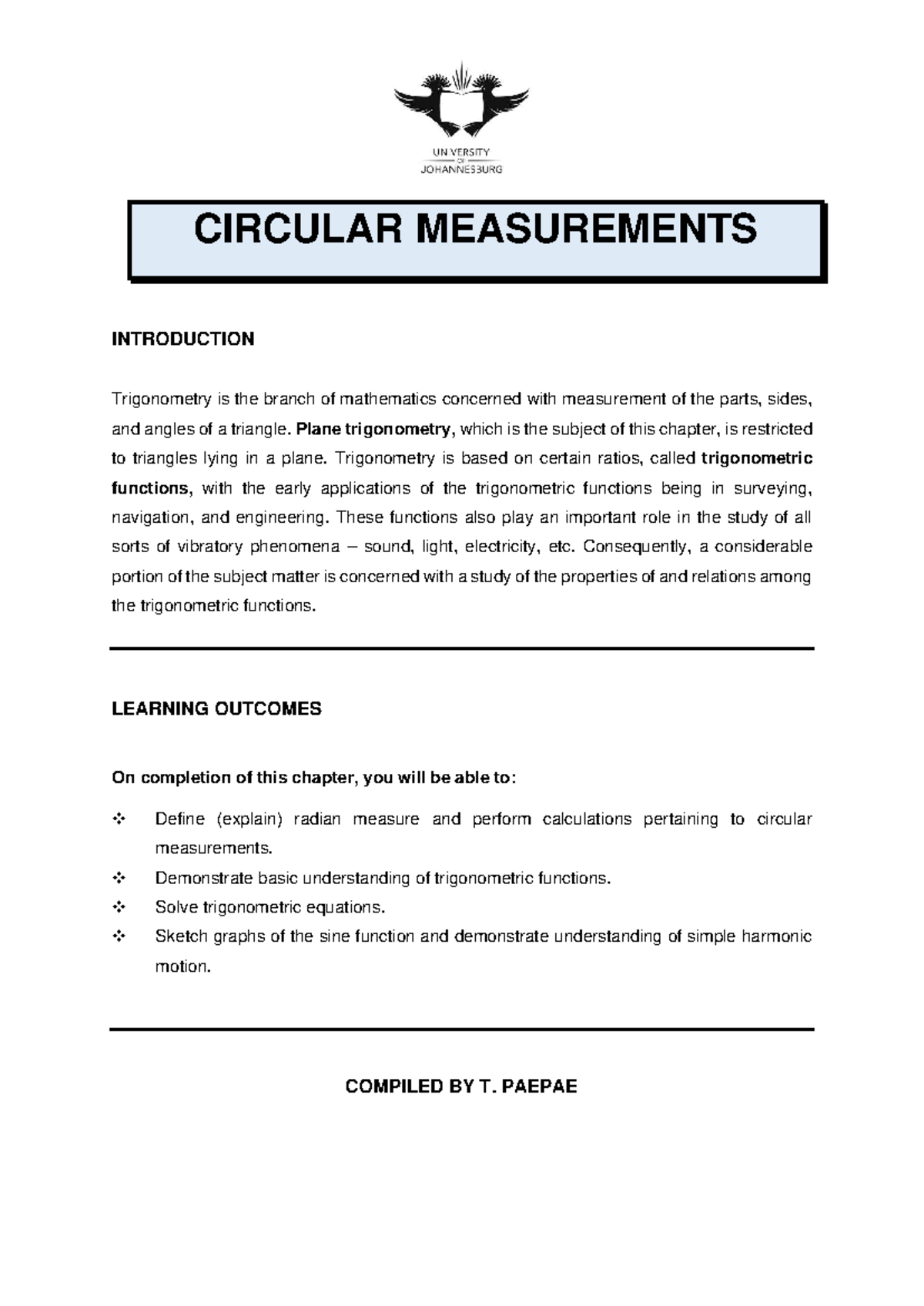 Trigonometry: Circular Measurements and Radian Measure - Studocu