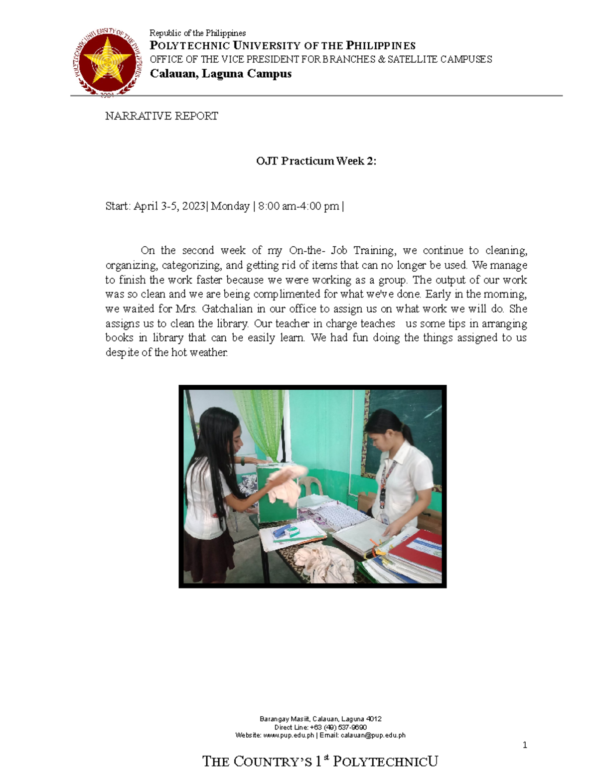 OJT Practicum Narrative Report: Week 2 Activities - Studocu