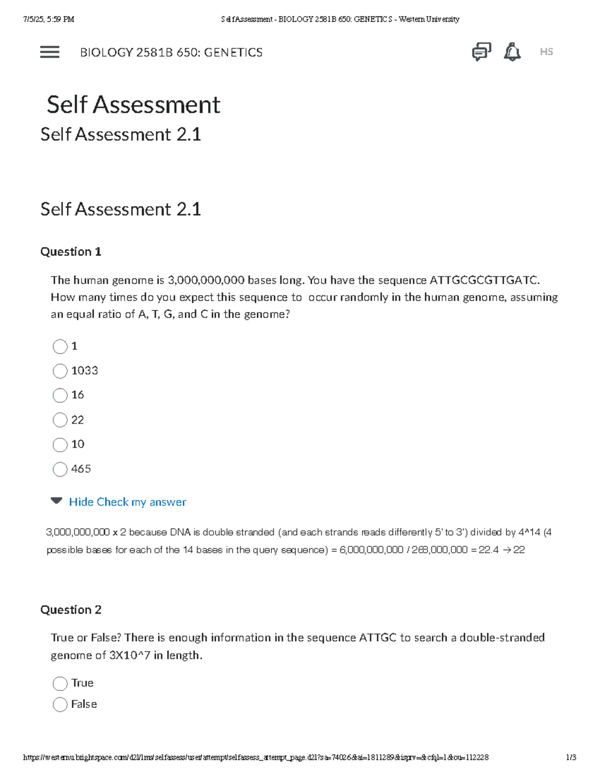 Self Assessment 2.1 for BIOLOGY 2581B 650: GENETICS at Western ...