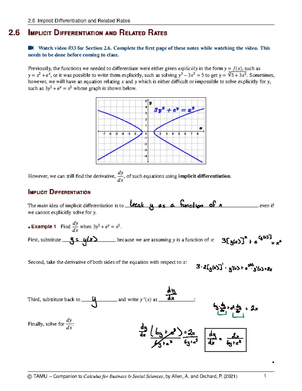 2.6 Notes - 2 Implicit Differentiation and Related Rates ￿ Watch video ...