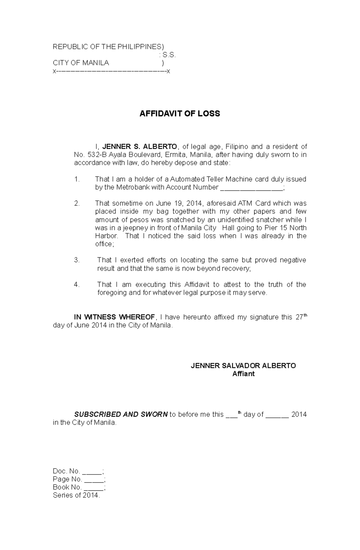 Affidavit of Loss: Legal Declaration of Missing Documents - Studocu