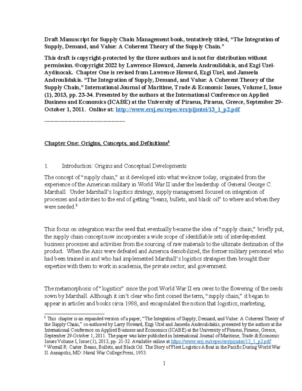 Draft Manuscript: Chapter 1 - Integration of Supply, Demand, and Value ...