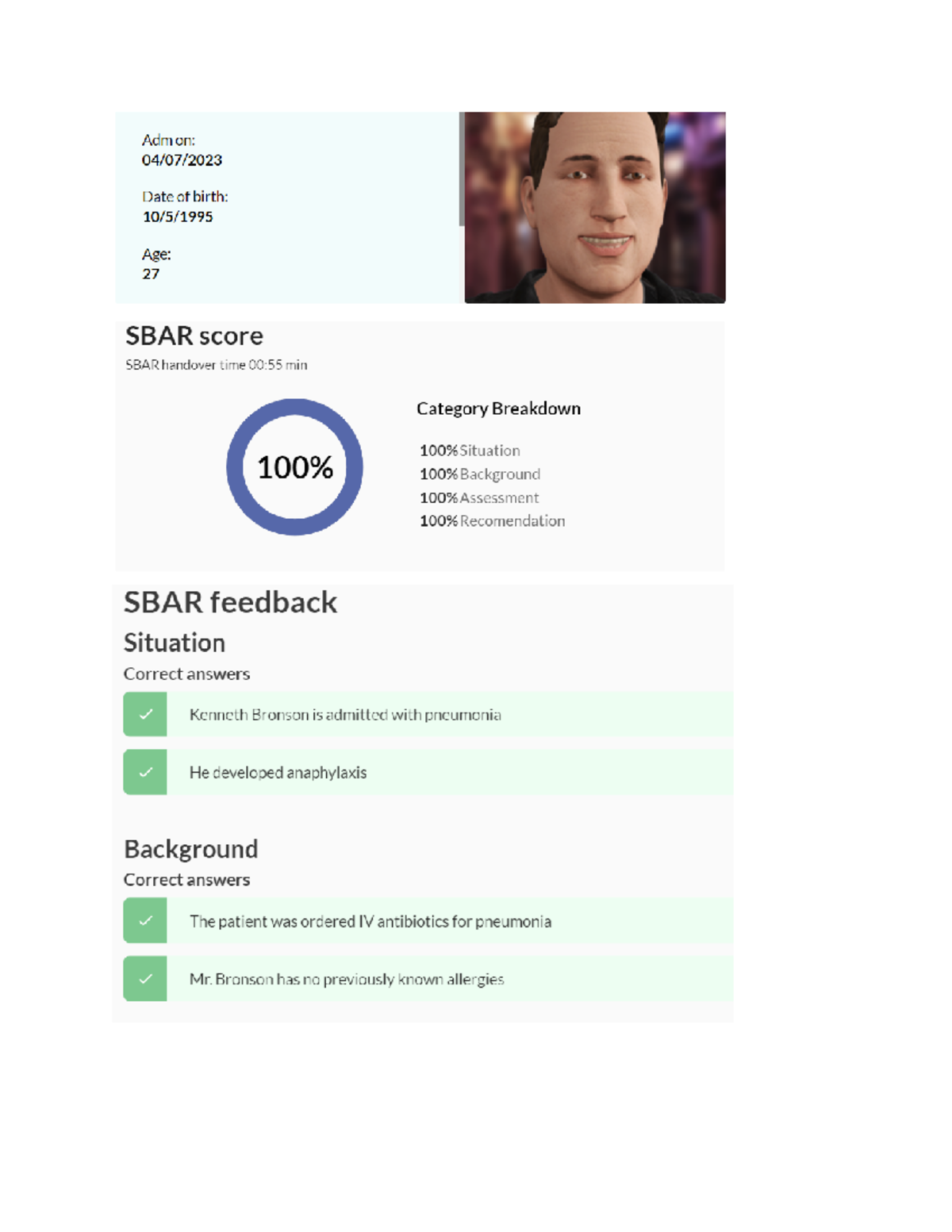 SBAR VSim Assessment Report for Kenneth Bronson - Studocu