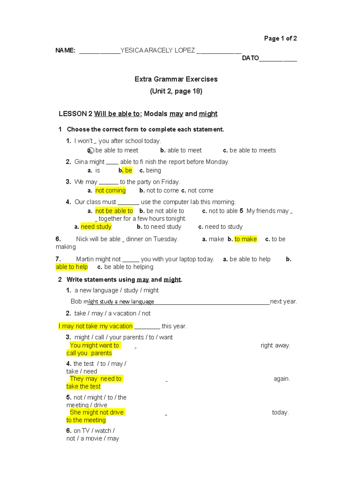 UNIT 2 Lesson 2 Grammar Exercises - Modals May & Might - Studocu