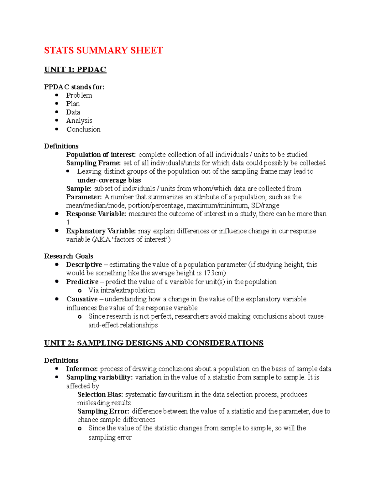 Stats final exam summary sheet - STATS SUMMARY SHEET UNIT 1: PPDAC ...