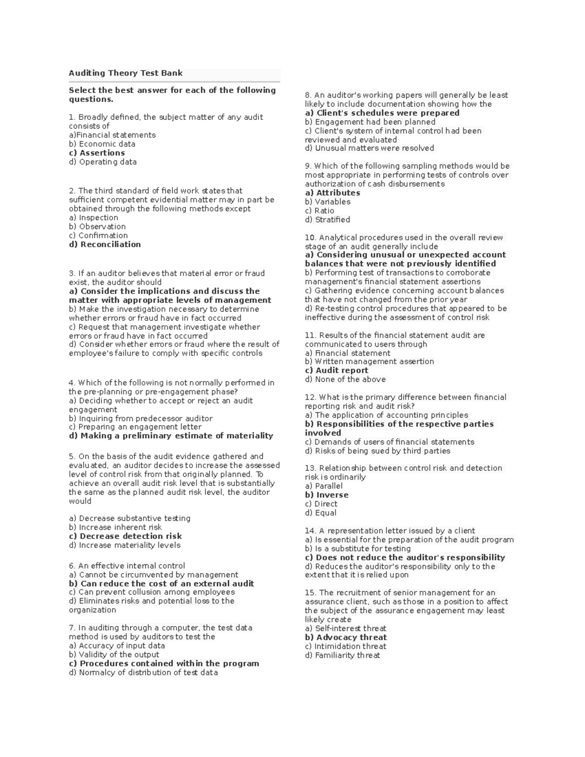 Auditing Theory (QUIZ) Test Bank Questions and Answers - Studocu