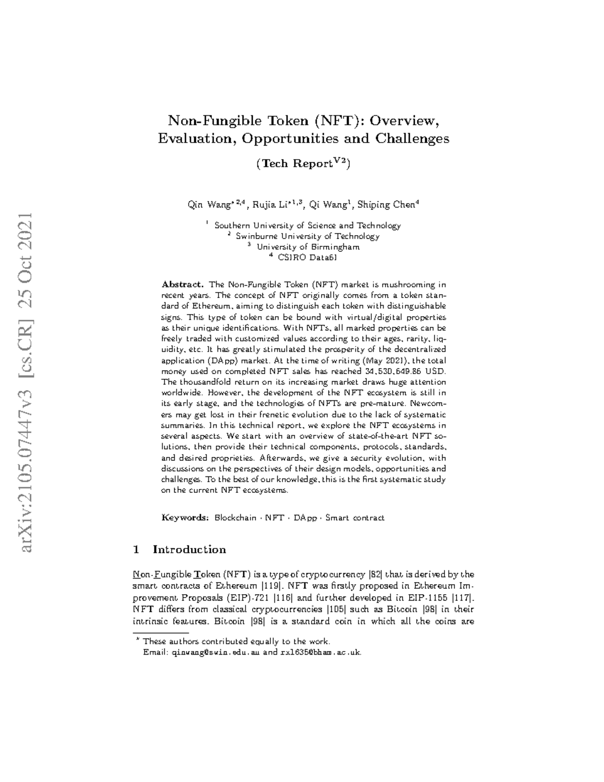 NFT: Overview, Evaluation, Opportunities & Challenges (Tech Report V2 ...