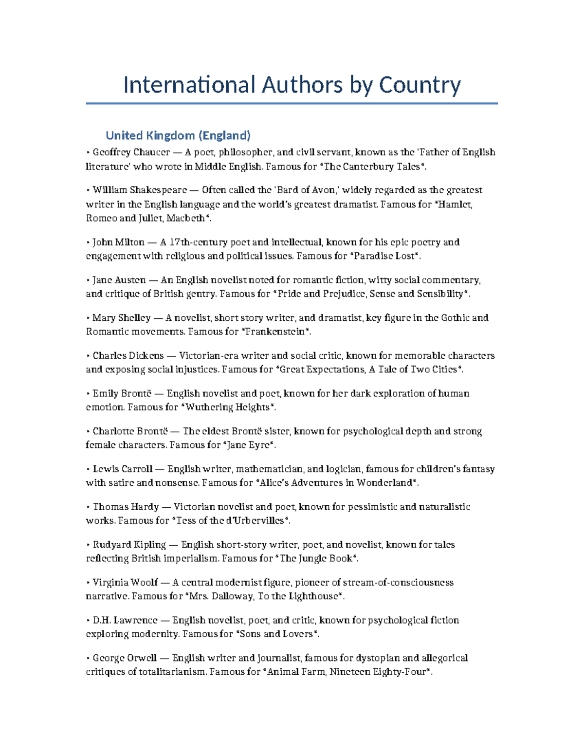 International Authors by Country: UK & USA Overview - Studocu