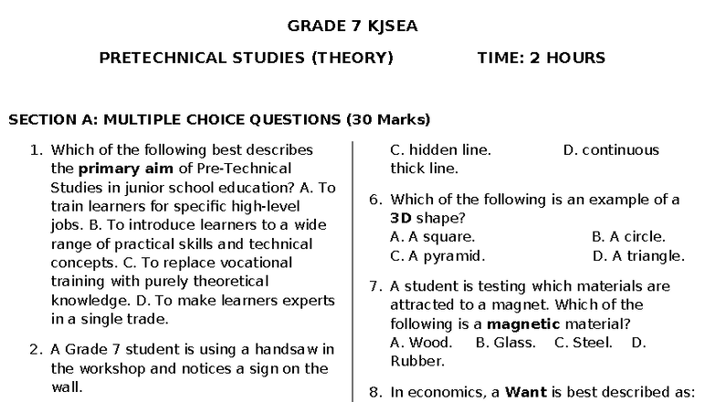 Grade 7 KJSEA Pretechnical Studies Practice Paper 1 - Studocu