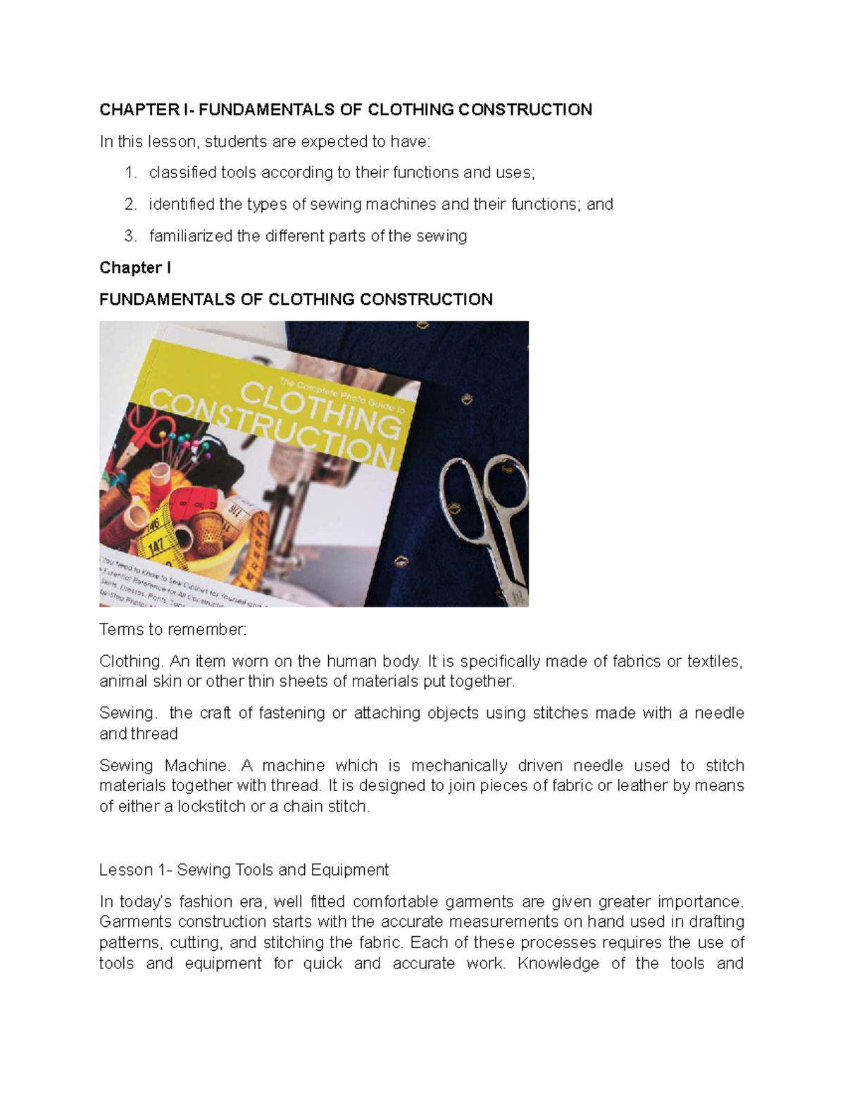 CHAPTER I: FUNDAMENTALS OF CLOTHING CONSTRUCTION 1763168235 - Studocu
