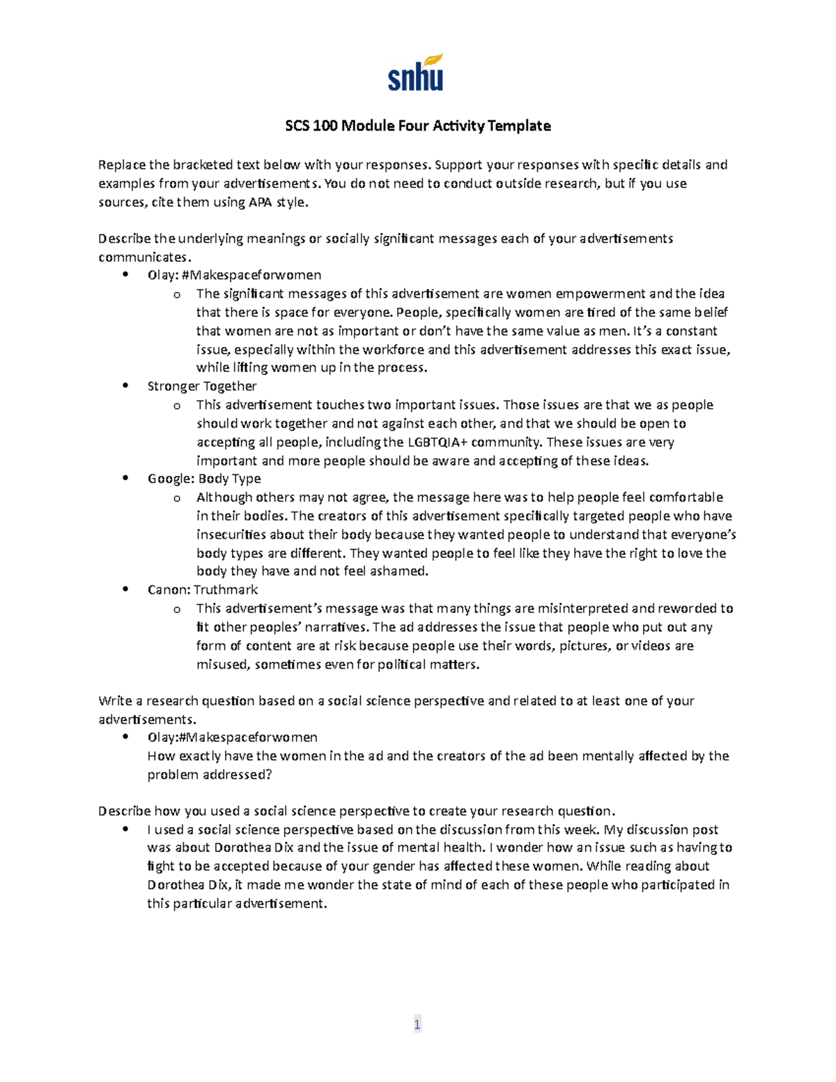SCS 100 Module Four Activity Template: Analyzing Social Messages in Ads ...