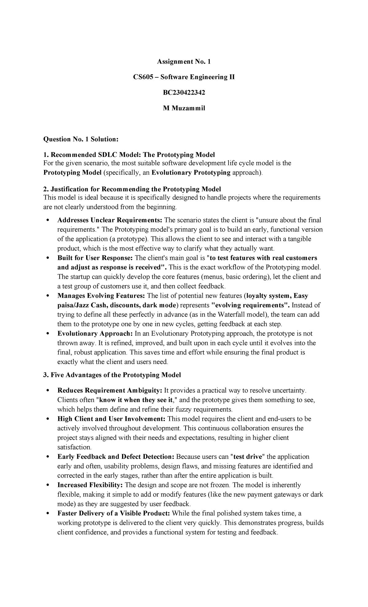 CS605 Assignment 1: Prototyping Model Justification and Advantages ...
